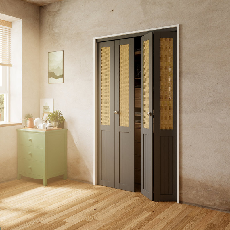 Home Worthy Double Solid Manufactured Wood And Imitation Rattan Hand-Woven Bi-Fold Closet Doors ...